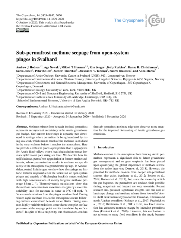 (PDF) Sub-permafrost methane seepage from open-system pingos in Svalbard