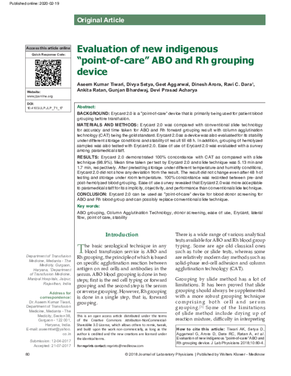 (PDF) Evaluation of new indigenous "point-of-care" ABO and Rh grouping ...