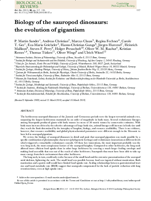 (PDF) Biology of the sauropod dinosaurs: the evolution of gigantism