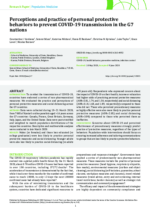 (PDF) Perceptions and practice of personal protective behaviors to ...