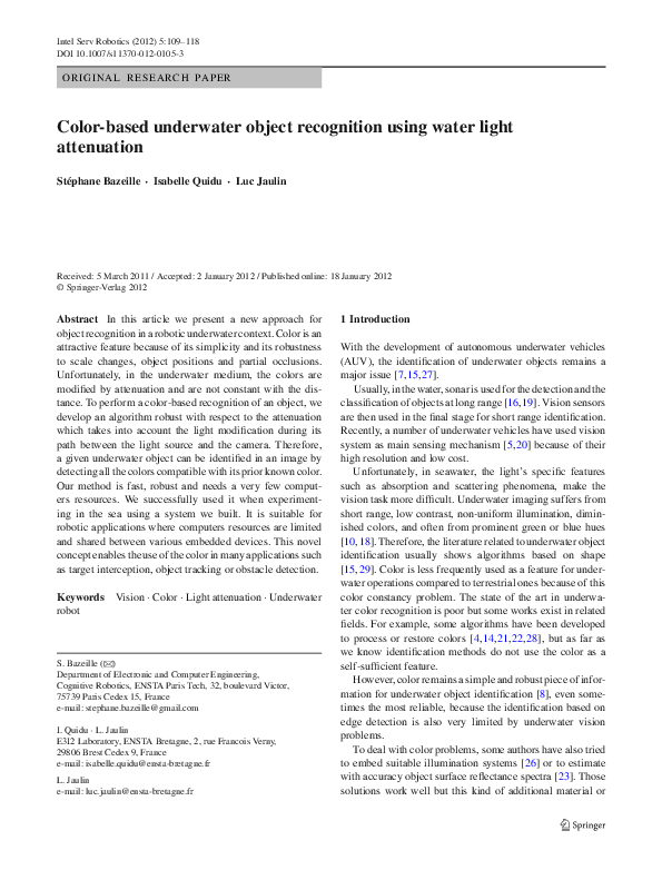 (PDF) Color-based underwater object recognition using water light attenuation