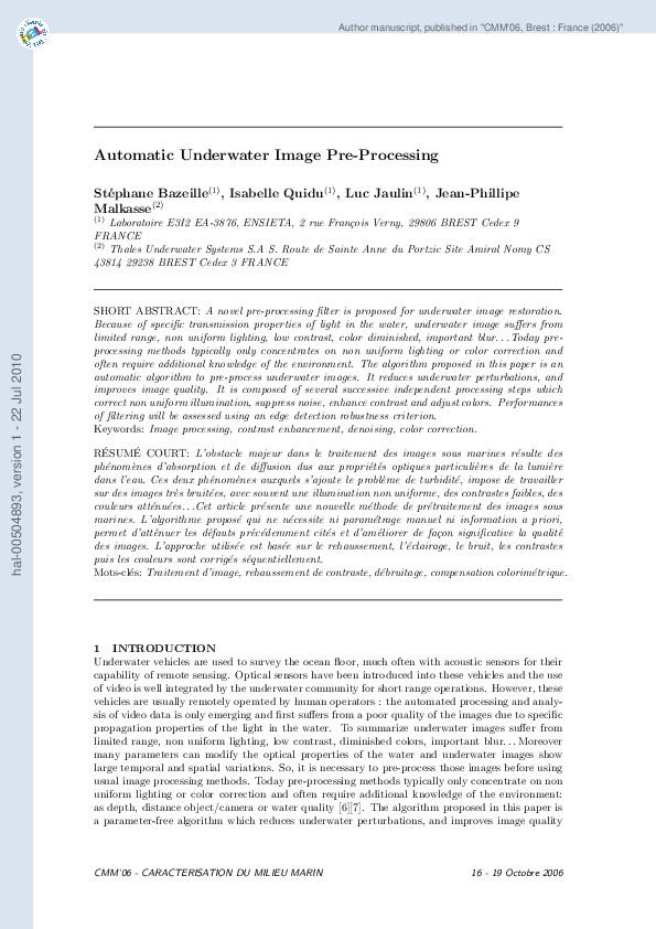 (PDF) Automatic underwater image pre-processing