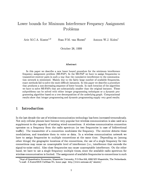 (PDF) Lower bounds for Minimum Interference Frequency Assignment Problems