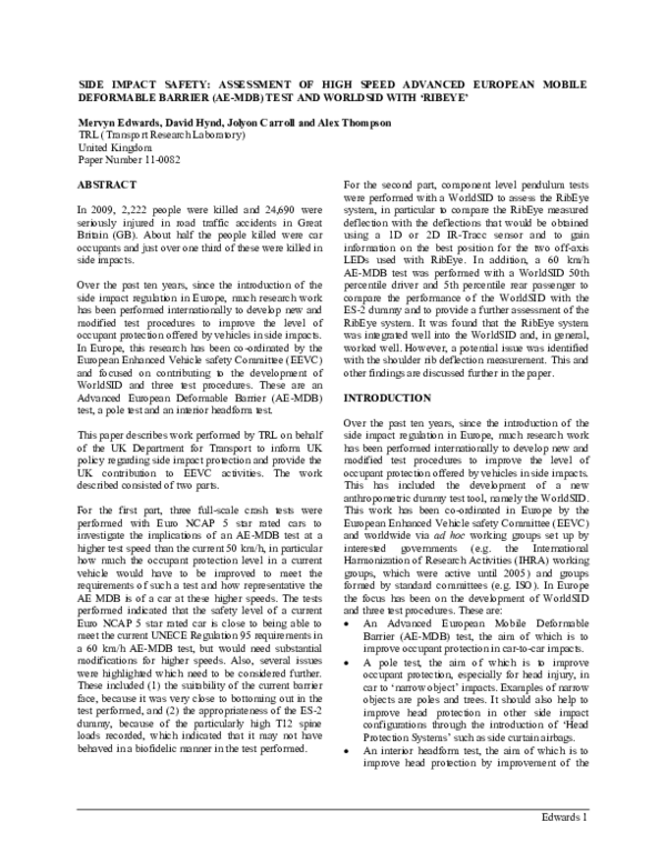 (PDF) Side Impact Safety: Assessment of High Speed Advanced European ...