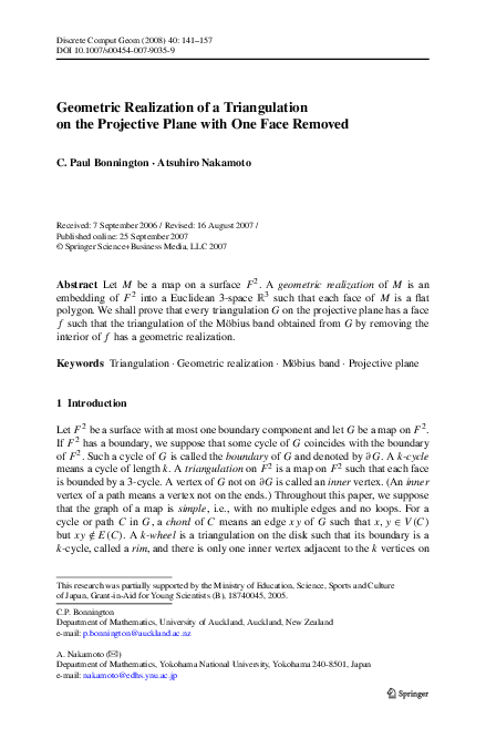 (PDF) Geometric Realization of a Triangulation on the Projective Plane ...