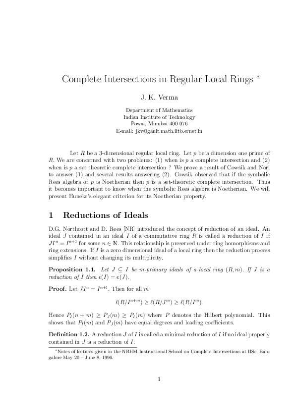 (PDF) Complete Intersections in Regular Local Rings