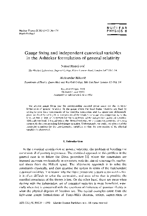 (PDF) Gauge fixing and independent canonical variables in the Ashtekar formulation of general ...