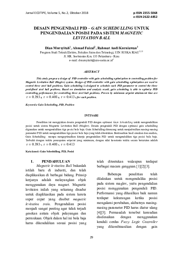(PDF) Desain Pengendali Pid – Gain Schedulling Untuk Pengendalian Posisi Pada Sistem Magnetic ...