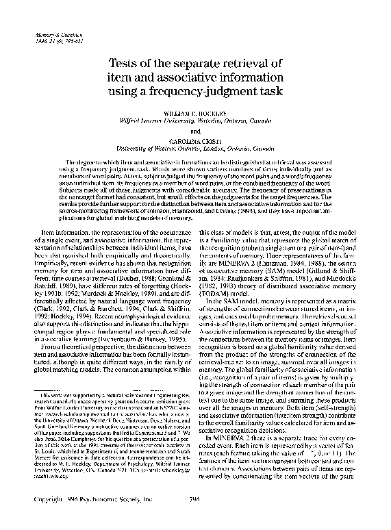 (PDF) Tests of the separate retrieval of item and associative ...