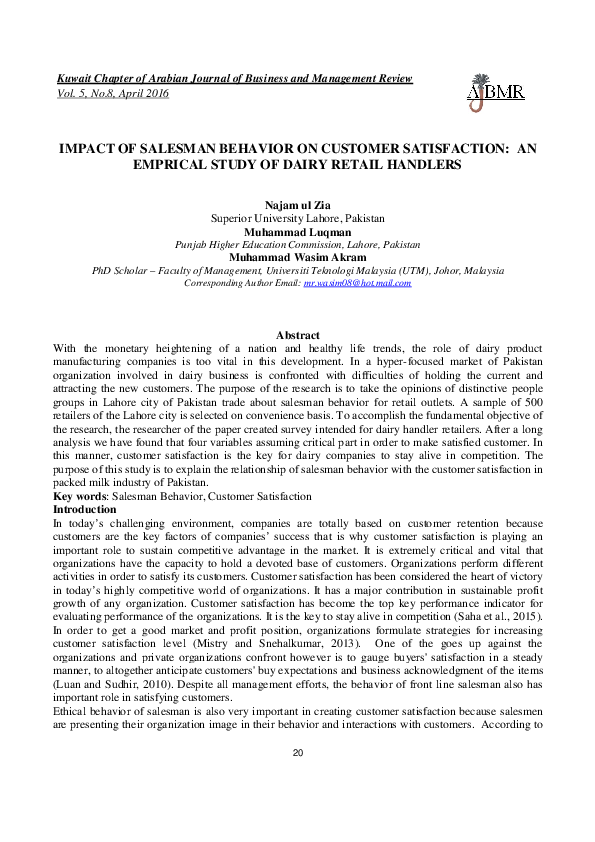 (PDF) Impact of Salesman Behavior on Customer Satisfaction : Anemprical ...
