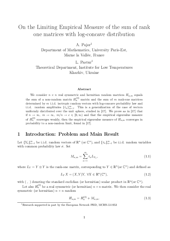 (PDF) On the Limiting Empirical Measure of the sum of rank one matrices ...