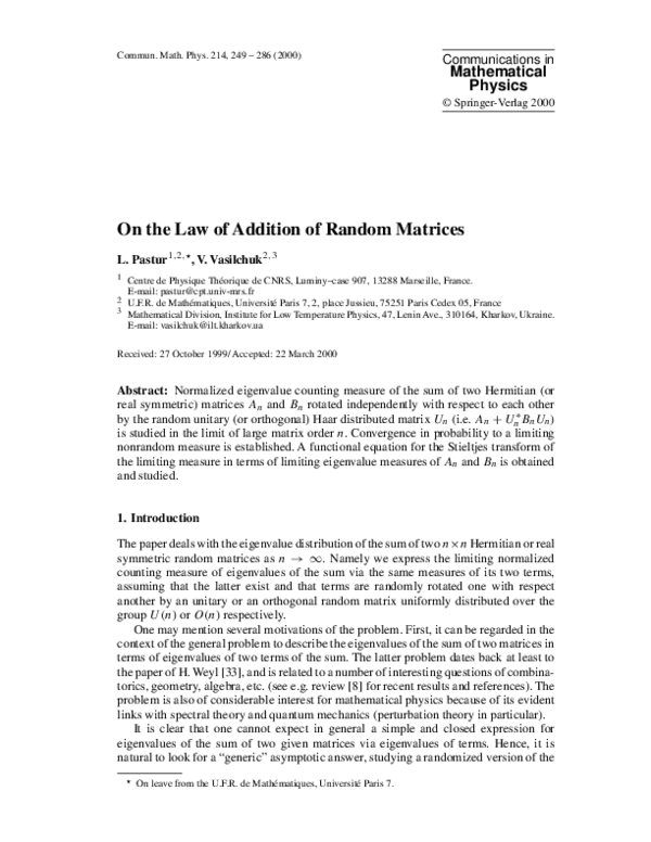 (PDF) Law of addition of random matrices