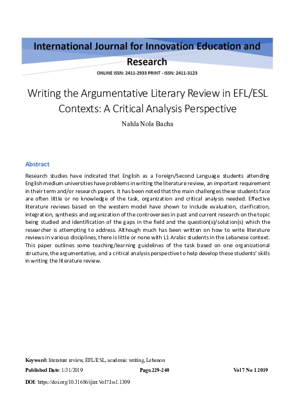 (PDF) Writing the Argumentative Literary Review in EFL/ESL Contexts: A ...