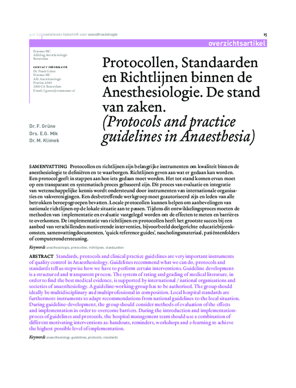 (PDF) Protocollen, Standaarden en Richtlijnen binnen de Anesthesiologie ...