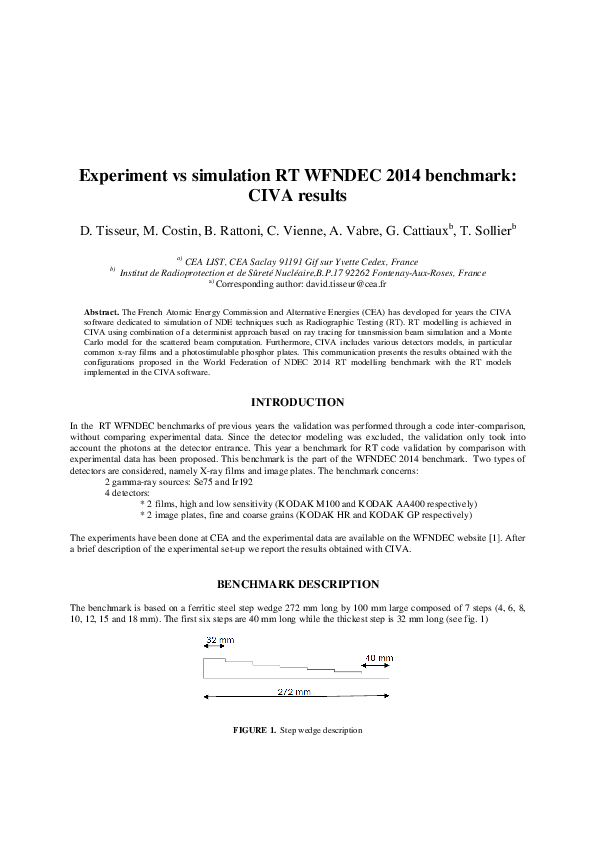 (PDF) Experiment vs simulation RT WFNDEC 2014 benchmark: CIVA results