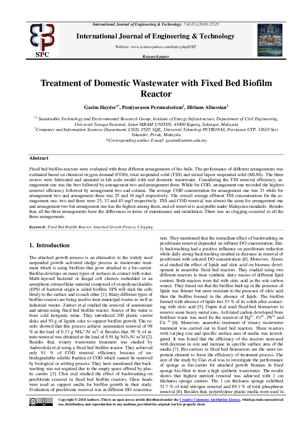 (PDF) Treatment of Domestic Wastewater with Fixed Bed Biofilm Reactor