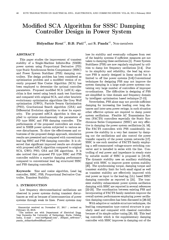 Pdf Modified Sca Algorithm For Sssc Damping Controller Design In Power System