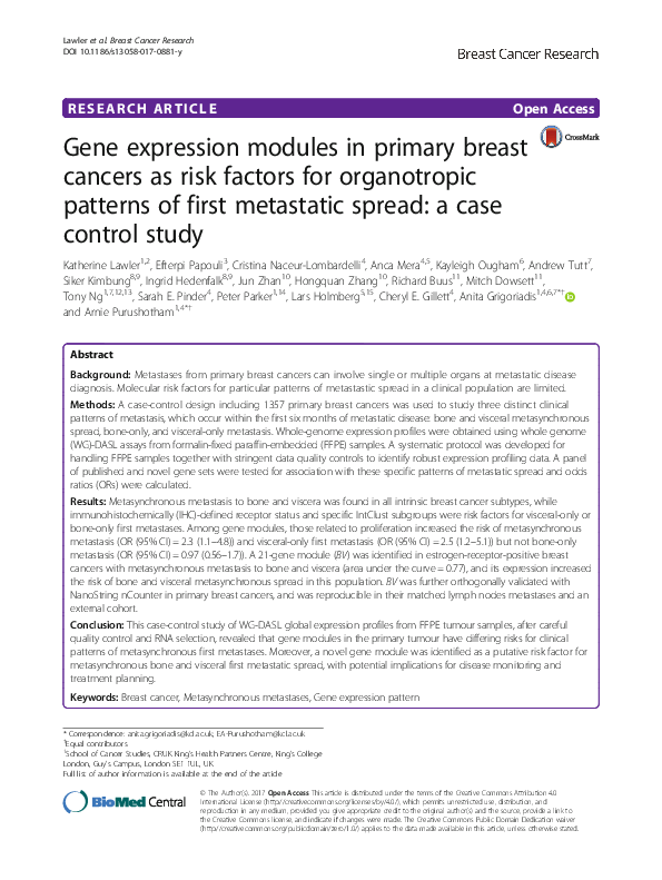 (PDF) Gene expression modules in primary breast cancers as risk factors ...