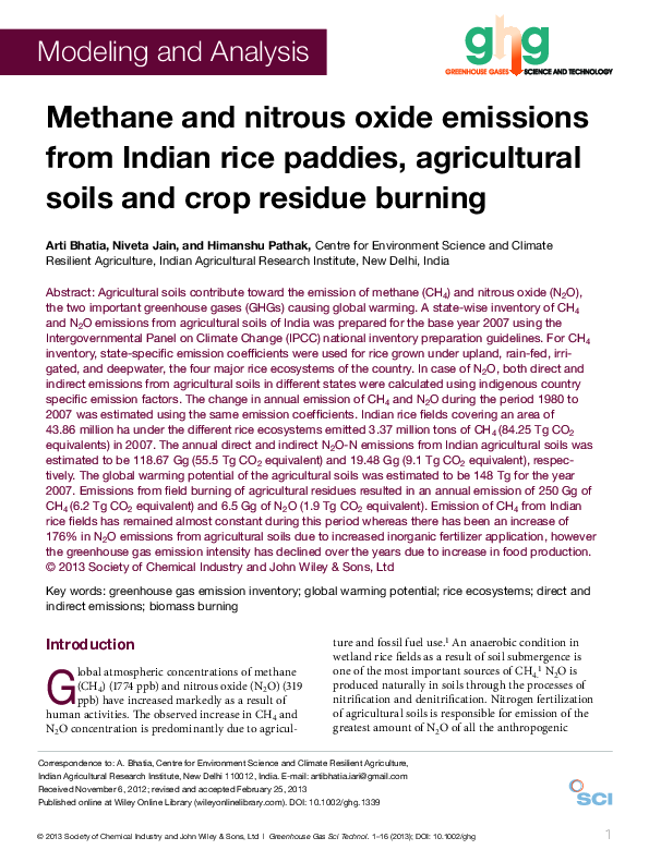 (PDF) Methane and nitrous oxide emissions from Indian rice paddies, agricultural soils and crop ...