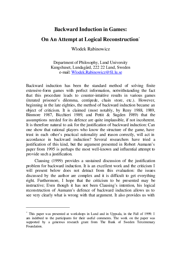 (PDF) Backward Induction in Games: On an Attempt at Logical Reconstruction