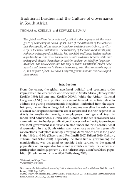 (PDF) Traditional Leaders and the Culture of Governance in South Africa