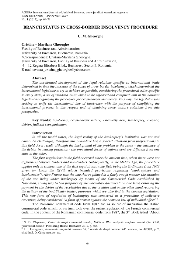 (PDF) Branch status in cross border insolvency procedure | Cristina Paraschiv - Academia.edu