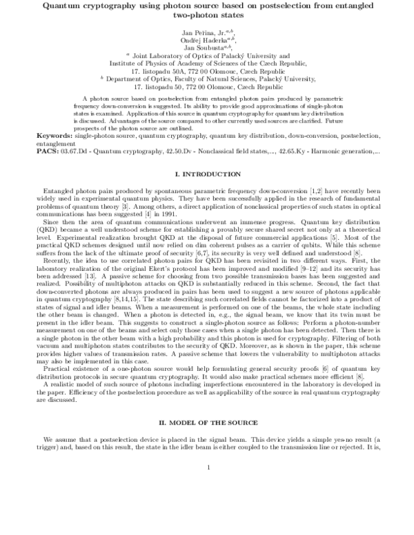 (PDF) Quantum cryptography using a photon source based on postselection from entangled two ...