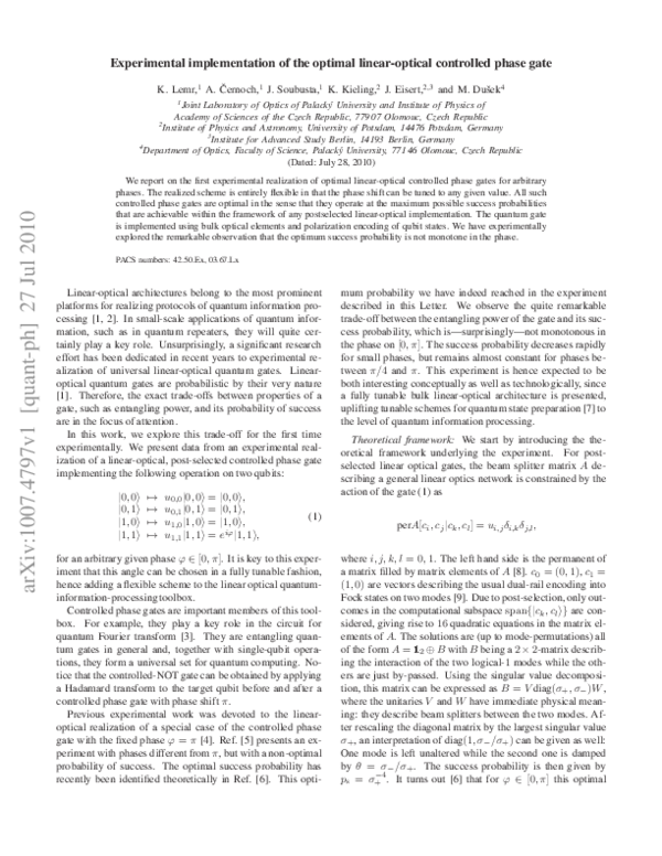 (PDF) Experimental Implementation of the Optimal Linear-Optical Controlled Phase Gate