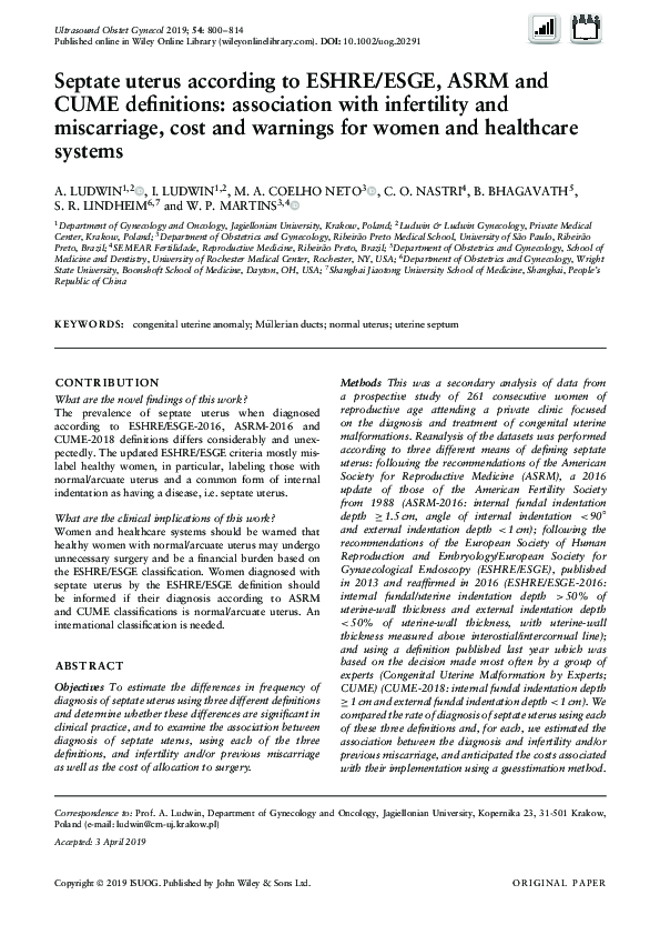 (PDF) Septate uterus by updated ESHRE/ESGE, ASRM and CUME definitions ...