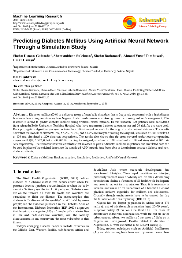 (PDF) Predicting Diabetes Mellitus Using Artificial Neural Network ...