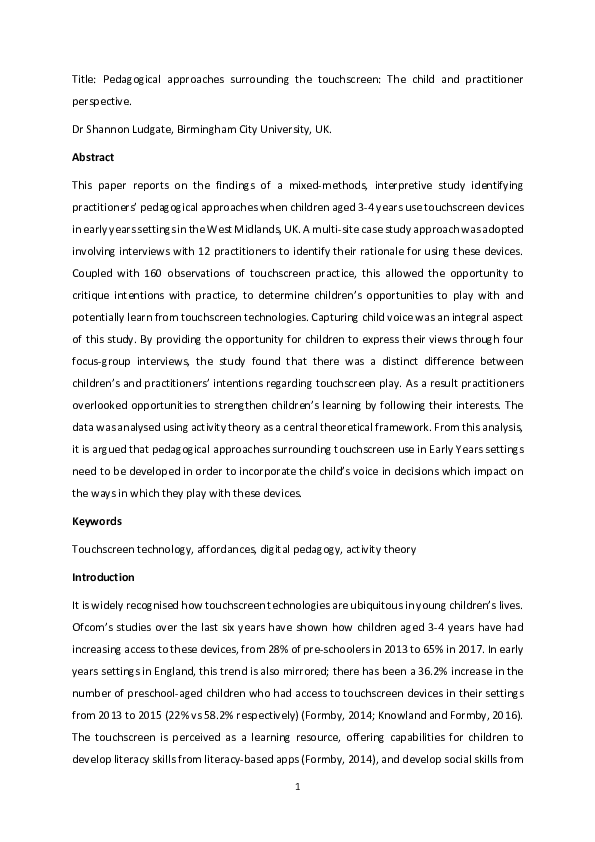 (PDF) Pedagogical approaches surrounding the touchscreen: The child and ...