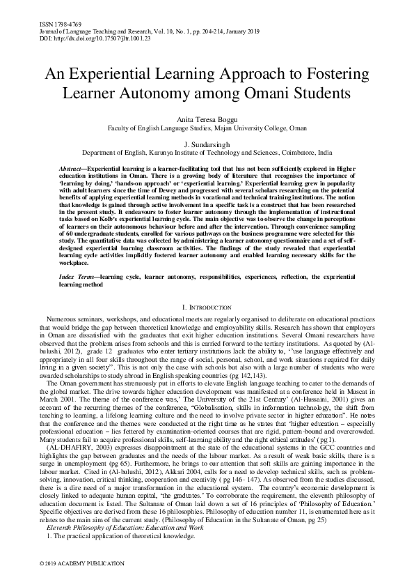 (PDF) An Experiential Learning Approach to Fostering Learner Autonomy ...