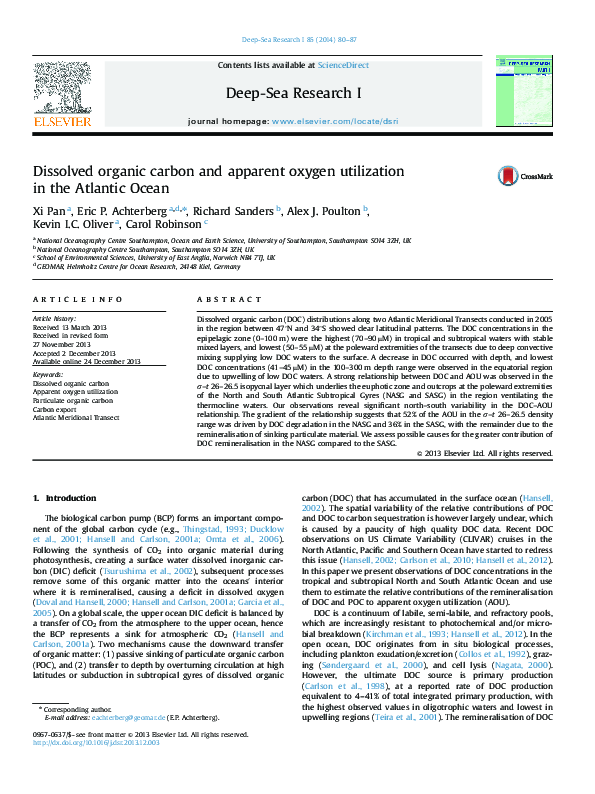 (PDF) Dissolved organic carbon and apparent oxygen utilization in the ...