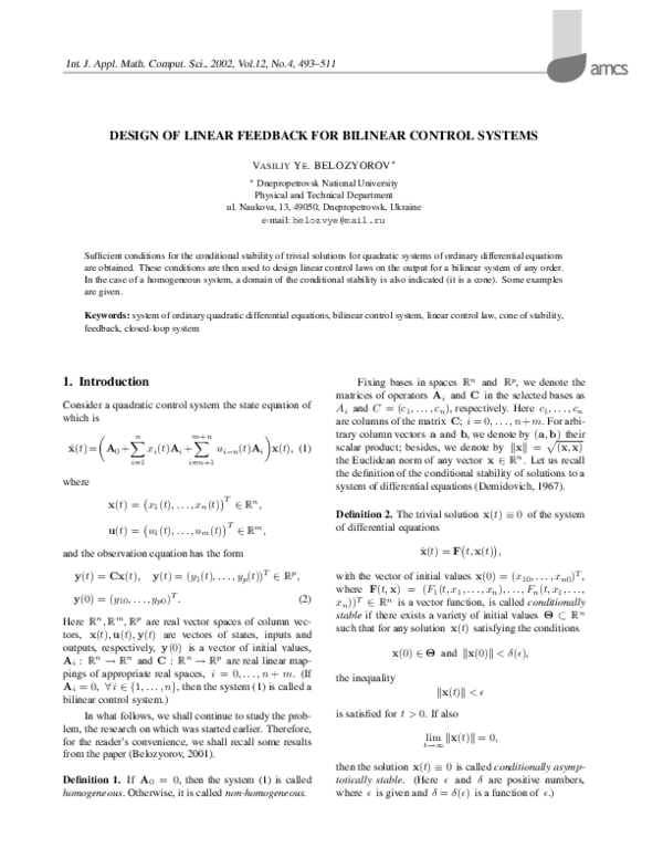 (PDF) Design of Linear Feedback for Bilinear Control Systems