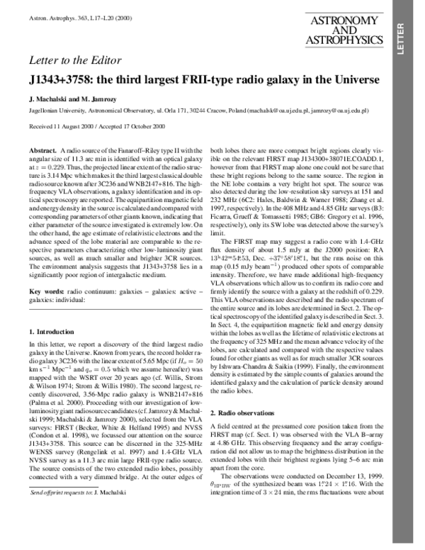 (PDF) J1343+3758: the third largest FRII-type radio galaxy in the ...