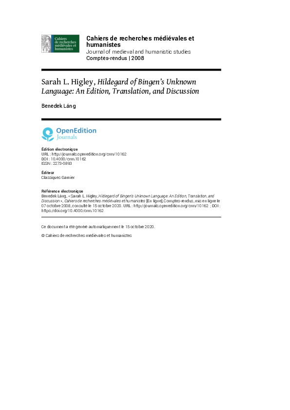 (PDF) Sarah L. Higley, Hildegard of Bingen’s Unknown Language: An ...
