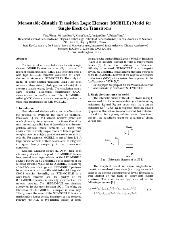 (PDF) Monostable-Bistable Transition Logic Elements (MOBILEs) Based on Monolithic Integration of ...