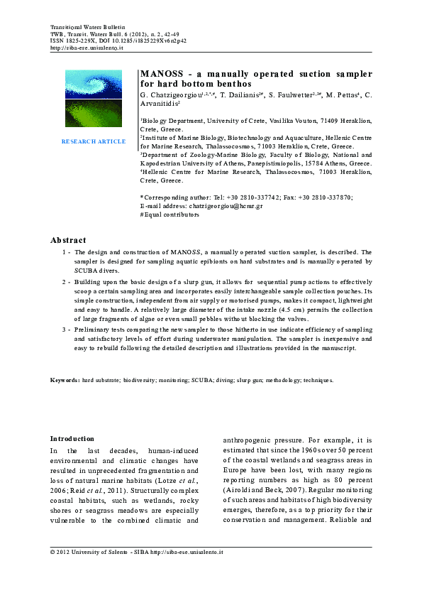 (PDF) MANOSS - a manually operated suction sampler for hard bottom benthos