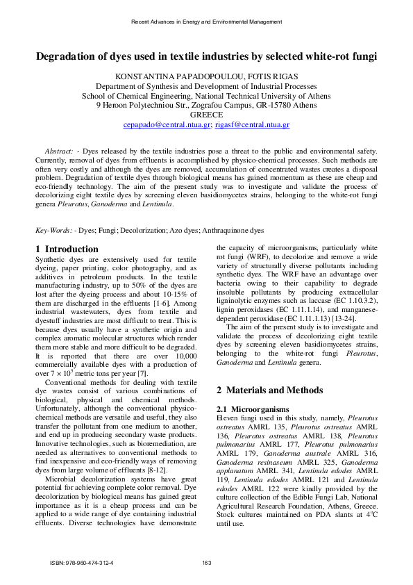 (PDF) Degradation of dyes used in textile industries by selected white ...