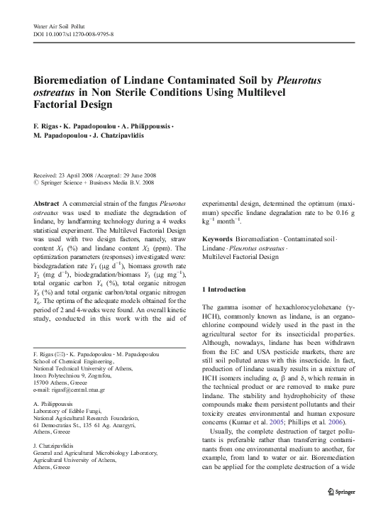 (PDF) Bioremediation of Lindane contaminated soil by the white rot fungus Pleurotus ostreatus ...