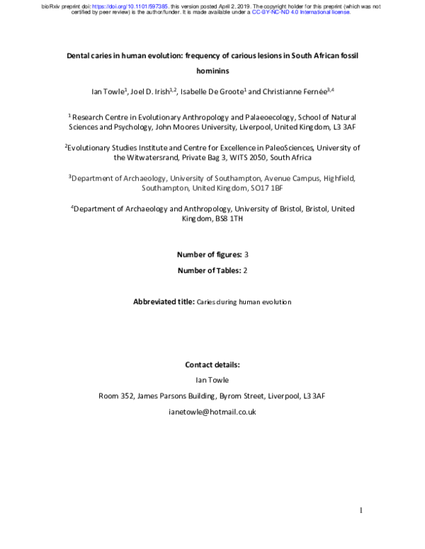 Pdf Dental Caries In Human Evolution Frequency Of Carious Lesions In South African Fossil