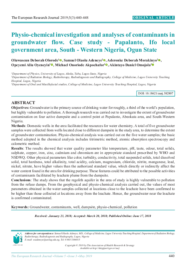 (PDF) Physio-chemical investigation and analyses of contaminants in ...