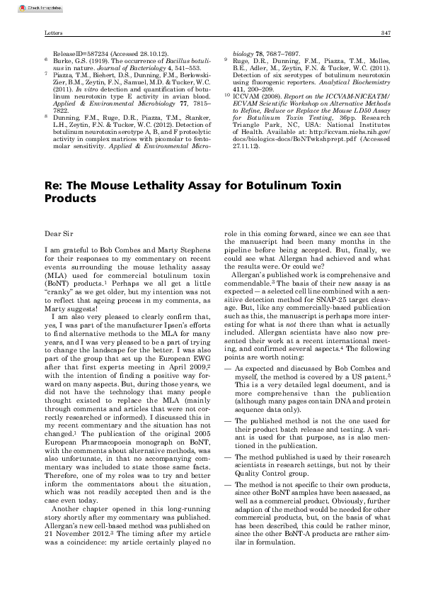 (PDF) Re: The Mouse Lethality Assay for Botulinum Toxin Products | Andy ...