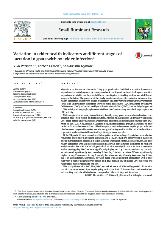 (PDF) Variation in udder health indicators at different stages of lactation in goats with no ...
