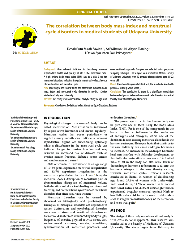 Pdf The Correlation Between Body Mass Index And Menstrual Cycle