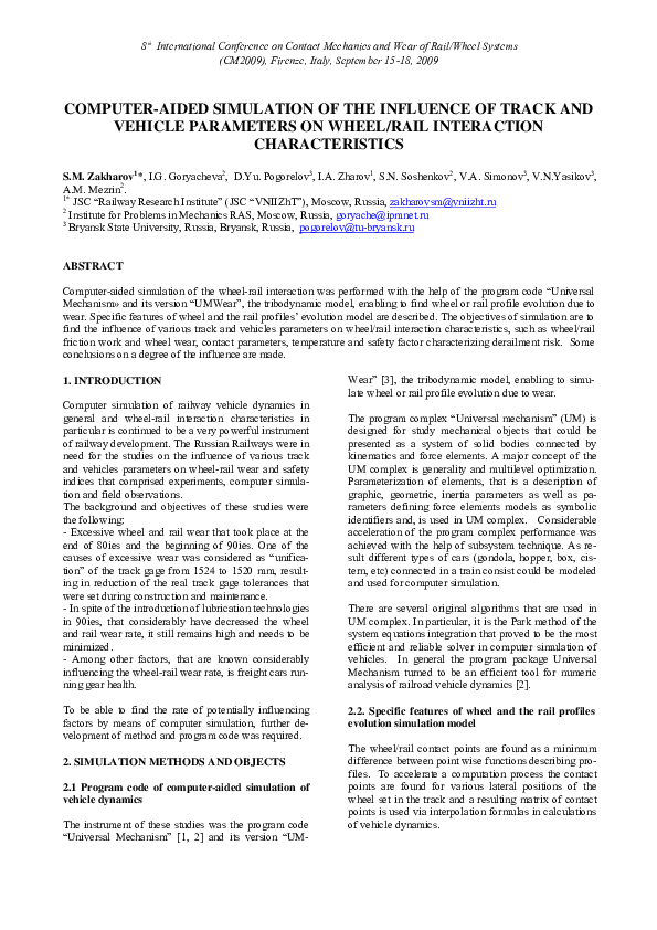 Pdf Computer Aided Simulation Of The Influence Of Track And Vehicle Parameters On Wheelrail