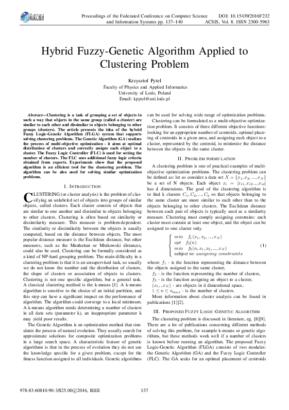 (PDF) Hybrid Fuzzy-Genetic Algorithm Applied to Clustering Problem