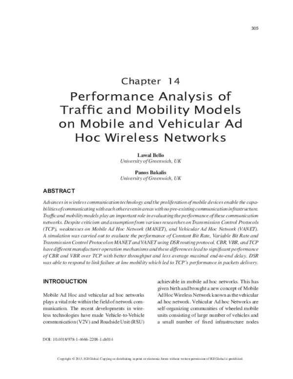 Pdf Performance Analysis Of Traffic And Mobility Models On Mobile And Vehicular Ad Hoc