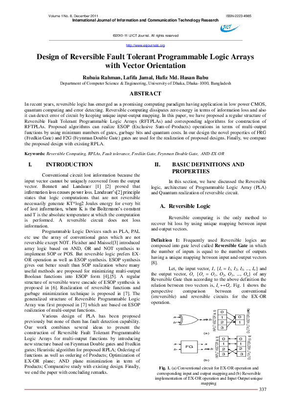 (PDF) Design of Reversible Fault Tolerant Programmable Logic Arrays with Vector Orientation