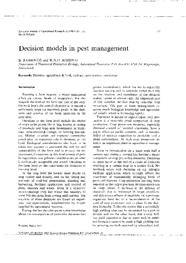 (PDF) Decision models in pest management | Walter Rossing - Academia.edu